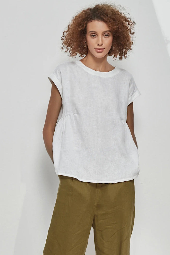 RELAXED CAP SLEEVE GATHER TOP - WHITE – Mickelloo